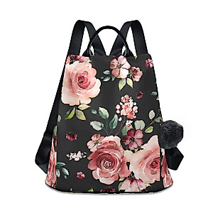 ALAZA Rose Flowers Floral Black Backpack Purse with Adjustable Straps