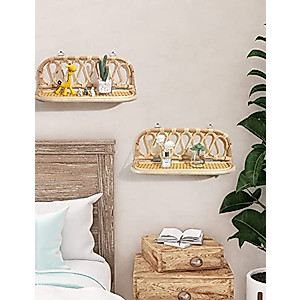 Sonefreiy Rattan Shelf Boho Wall Shelf Decorative Shelves Natural Handmade Woven Floating Shelf, Nursery Bedroom Living Room Bathroom Decor