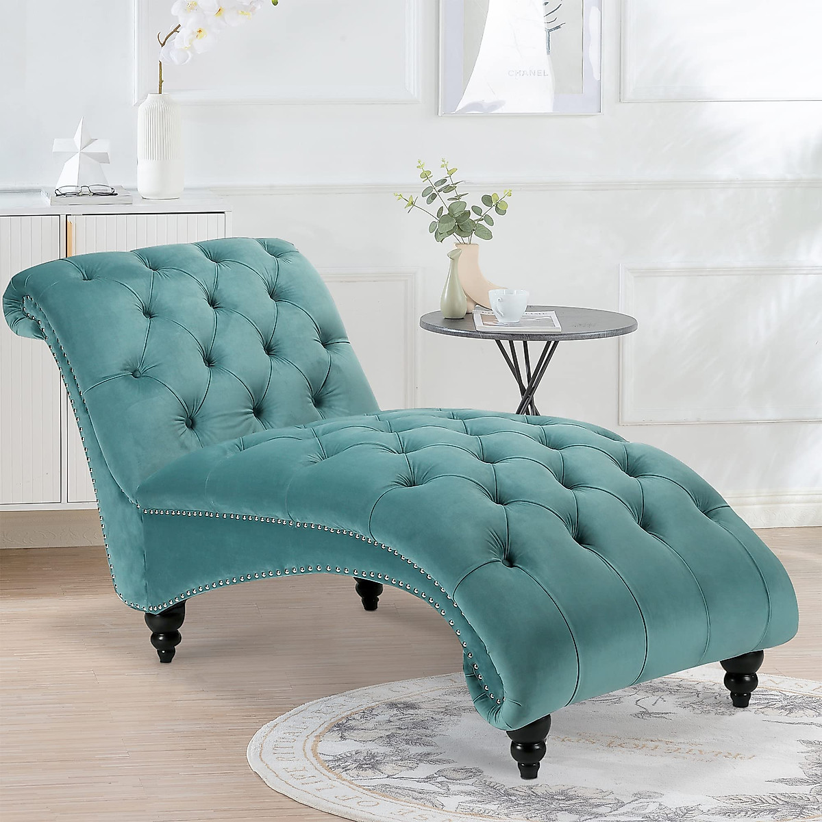 Chaise Lounge Indoor, Lounge Chair with Nailhead Trim for Bedroom, Fabric Tufted Chase Sofa Indoor, Comfortable Home Chaise Longue for Living Room Furniture Lounges(Green)