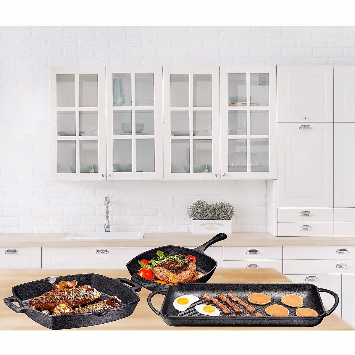 Bruntmor Pre Seasoned Cast Iron 3 Piece Grill Bundle Gift Set, Rectangular grill Pan, Grill Skillet, Square Grill Pan, Camping Cookware Set