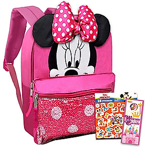 Disney Minnie Mouse Backpack for Girls Toddlers Kids ~ Bundle Includes 12" Minnie Preschool Toddler Backpack with Ears, Bow and Magic Reversible Sequins and Stickers (Minnie Mouse School Supplies)