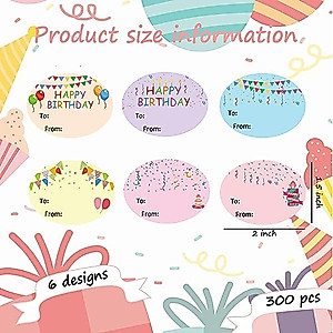 Happy Birthday Gift Tags Present Stickers 1.5 x 2 Inch Oval Christmas to from Labels - Xmas Festival Birthday Stickers for Kids Party Favors Envelope Packages Seals 6 Designs 300 Pcs