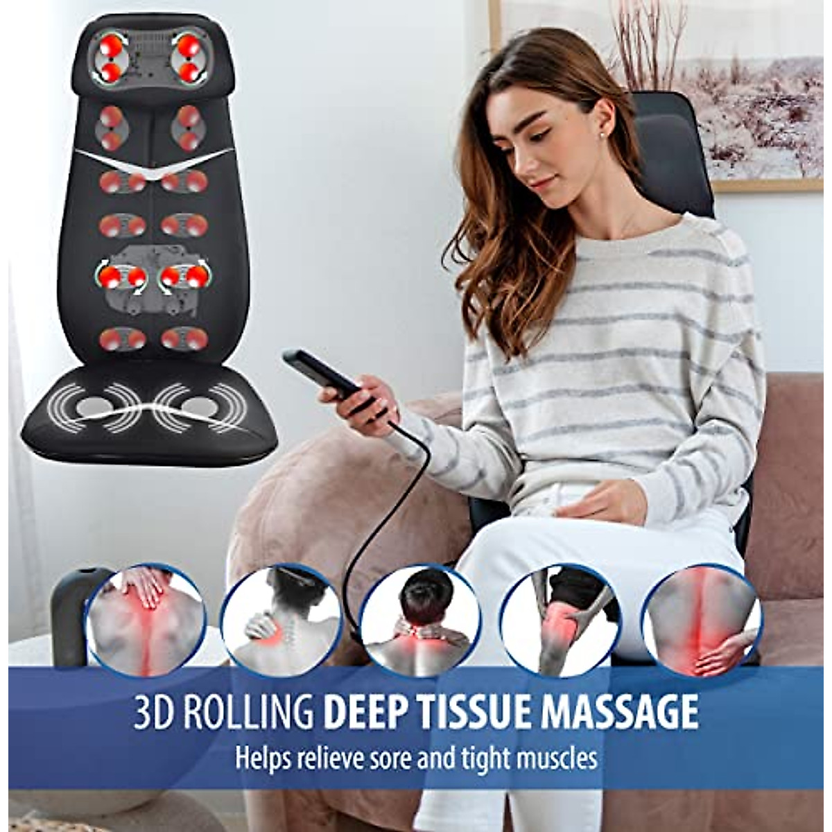 Zyllion Shiatsu Neck and Back Massager - 3D Kneading Deep Tissue Full Body Massage Chair Seat Cushion Pad with Heat and Vibration for Muscle Pain Relief, Home and Office - Black (ZMA-33-BK)