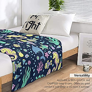 Doodles Underwater Sea Horse Dolphin Throw Blanket for Couch Bed Flannel Lap Blanket Lightweight Cozy Plush Blanket for All Seasons 50"x70"