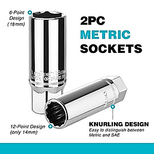 DURATECH 3/8-inch Drive Spark Plug Socket Set, SAE & Metric, 5/8-inch, 3/4-inch, 13/16-inch, 14mm, 18mm, Heat Treated CR-V Steel Sockets with Rubber Retaining Rings, 5-Piece Set