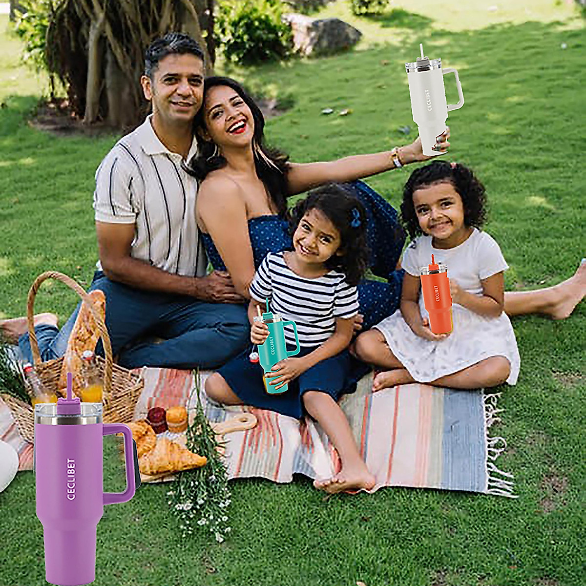 Cecilibet 40oz Tumbler With Handle and Straw Lid, Stainless Steel Insulated Travel Mug for Hot and Cold, Simple Sleek Modern Style Big Cup Dupes for Car (Orange)