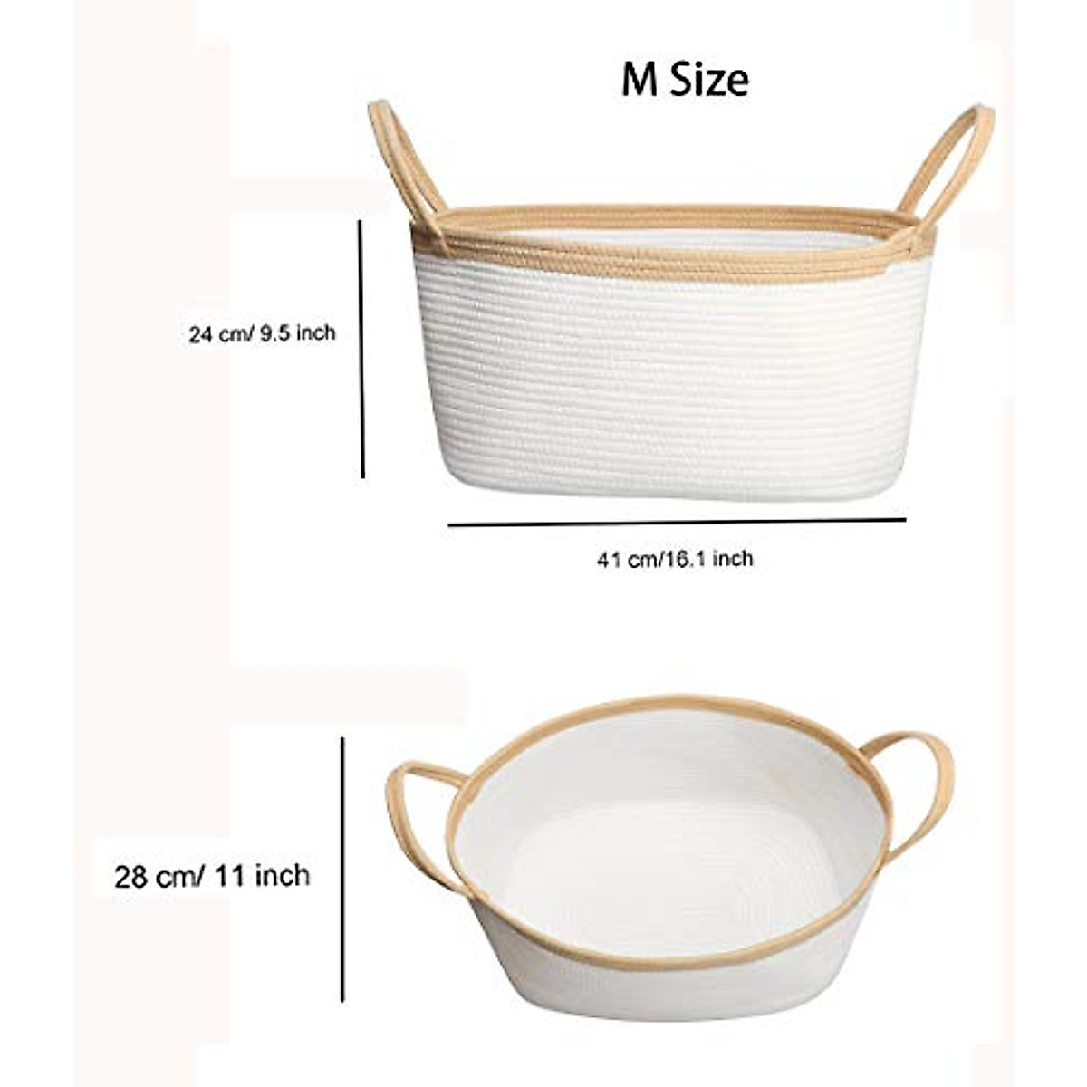 Rope Basket with Long Handles, Woven Basket, Baby Kids Room Toy Storage, Portable Hampers, Towel Storage Basket Woven Rope Basket, Nursery Hampers, Dog Toy Basket, (M Square 24 cm 28 cm 42 cm)