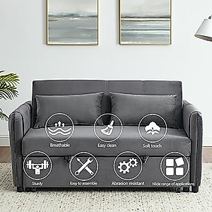 Mbolyeer 54" Modern Convertible Sleeper Sofa Bed, Velvet Loveseat Sofa Couch w/Pull-Out Bed, Seat with Adjustable Backrest, Lumbar Pillows, and Living Room Side Pockets, Gray