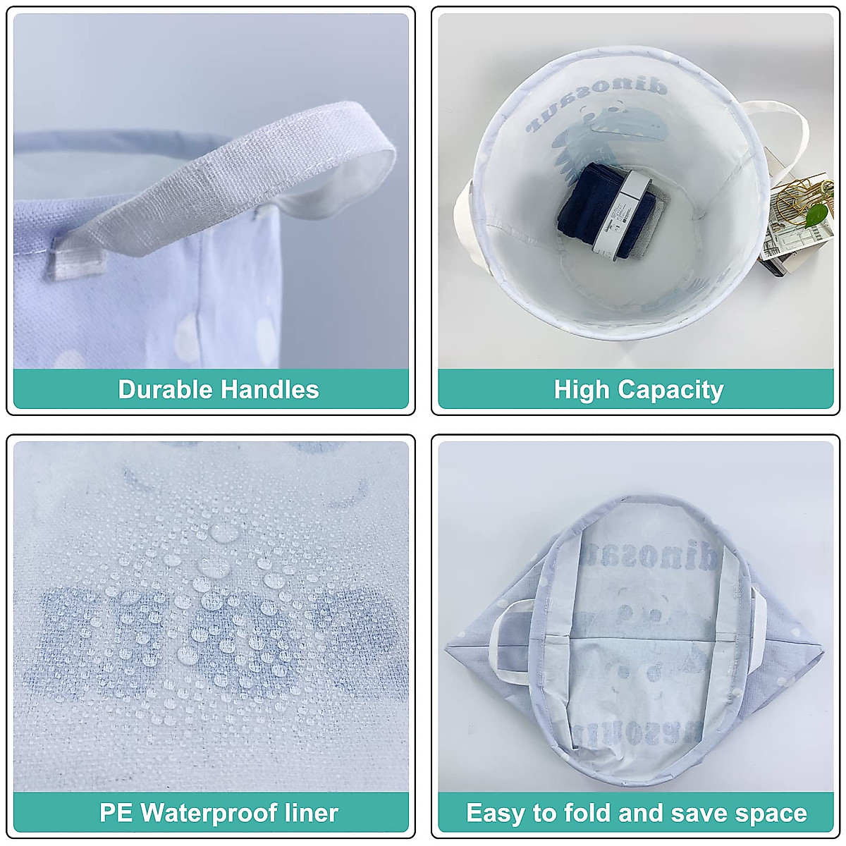 Mziart Kids Laundry Basket, Cute Collapsible Storage Baskets Baby Nursery Hamper Toys Box for Boys and Girls, Foldable Storage Bin Clothes Organizer Basket for Bedroom (Blue Dinosaur)