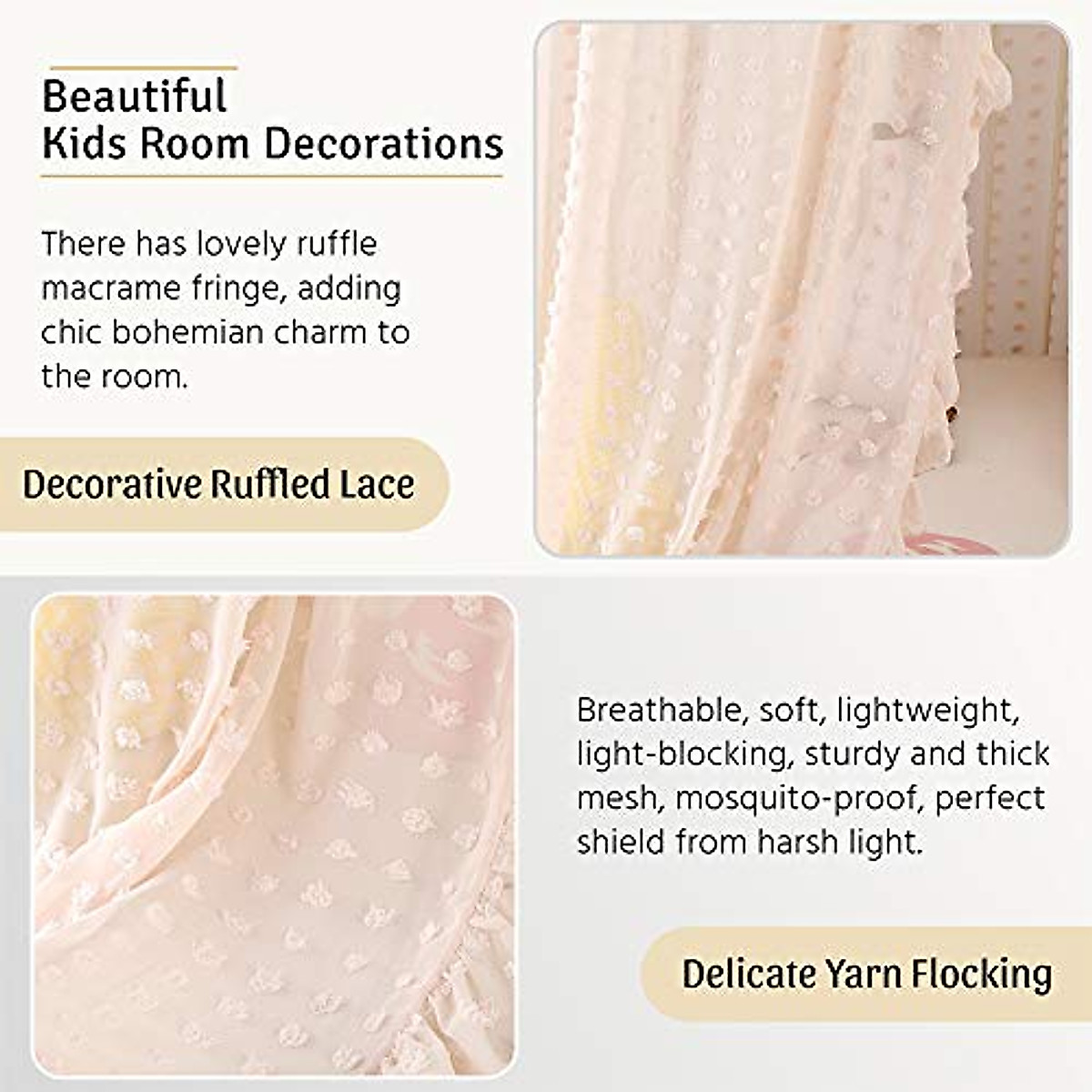 Kids Bed Canopy for Girls, Beige Crib Canopy Princess Hanging Children Canopy Tent, Toddler Girl Canopy Bed Netting for Baby Room Bedroom Reading Nook, Macrame Lace Boho Nursery Canopy with Pom Pom