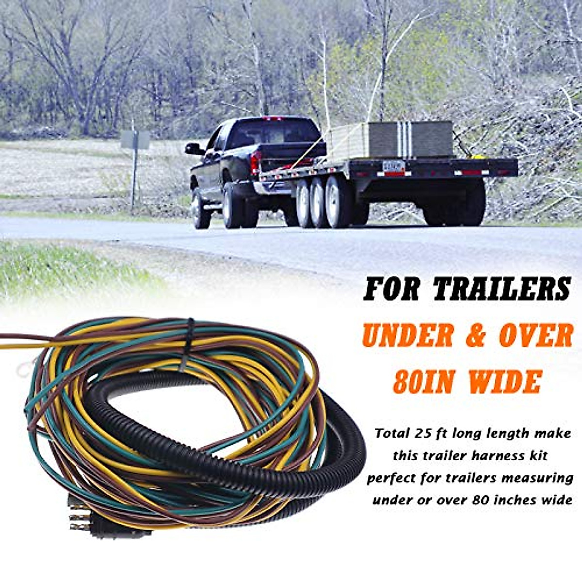 CARROFIX Trailer Wiring Harness 4-Way Flat Connector 25 FT Long - 18-Gauge Color Coded Trailer Wire Extension with 3 FT Ground Wire