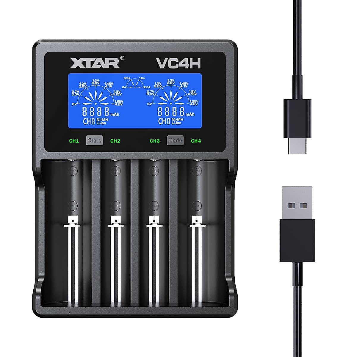 XTAR VC4H Battery Charger Smart LCD Display Universal Battery Charger 4 Slots Fast Charging for Rechargeable Batteries 3.6V/3.7V Li-ion18650 20700 21700 26650,1.2V Ni-MH/Ni-CD AAAA AAA AA Batteries
