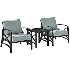 Crosley Furniture Kaplan 3-Piece Outdoor Chair and Side Table Set, Patio Conversation Sets for Porch, Deck, Oiled Bronze with Mist Cushions