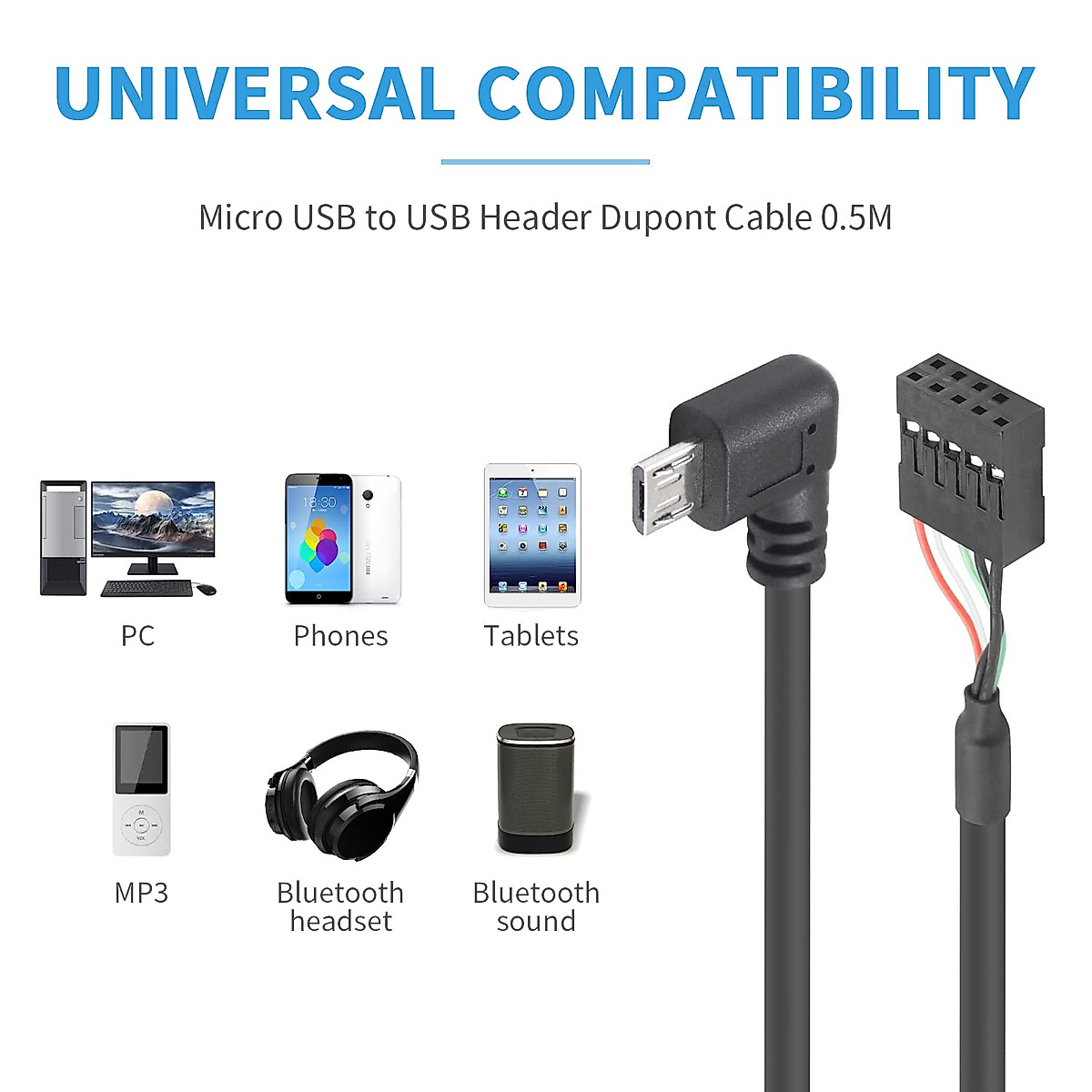 Duttek Micro USB to Motherboard Header Cable, USB Header to Micro USB Cable 90 Degree Left Angled Micro USB Male to 9 Pin Motherboard Female Dupont Extended Cable (2-Pack) 1.65FT/50CM