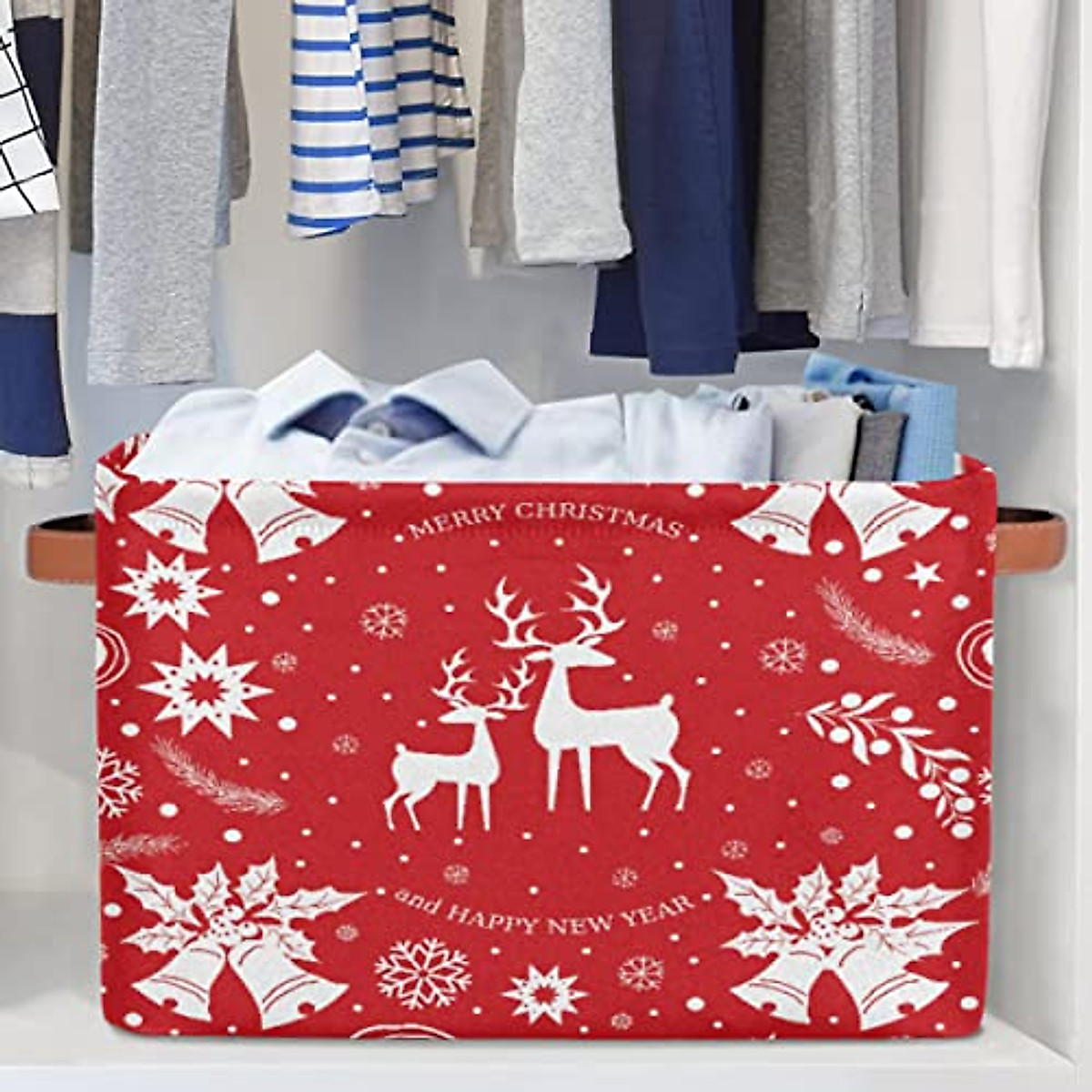 Cute Christmas Decor Storage Basket Bins Cubes Organizer Xmas Red and White Deer Foldable Storage Box with Leather Handles Collapsible Closet Storage Bins for Shelves Kids Toys Closets Nursery Bedroom