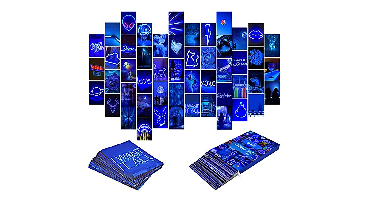 Blue Neon Wall Collage Kit - 50 Aesthetic Posters for Teen Bedrooms
