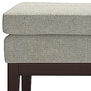 SIMPLIHOME Carlson Ottoman Bench in Greige, 15"H x 26.4"W x 17.5"D, Solid Pine Wood Frame with Dark Walnut Legs, Compact Seating for Living Room