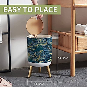 Small Trash Can with Lid Watercolor seamless with navy blue and golden tropical leaves on a Garbage Bin Wood Waste Bin Press Cover Round Wastebasket for Bathroom Bedroom Diaper Office Kitchen