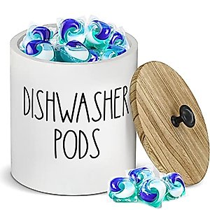 Rustic Round Dishwasher Pod Holder, Dishwasher Tablet Container for Kitchen Decor and Accessories, Wood Laundry Detergent Pods Container with Lid Laundry Detergent Storage, Kitchen Storage Container