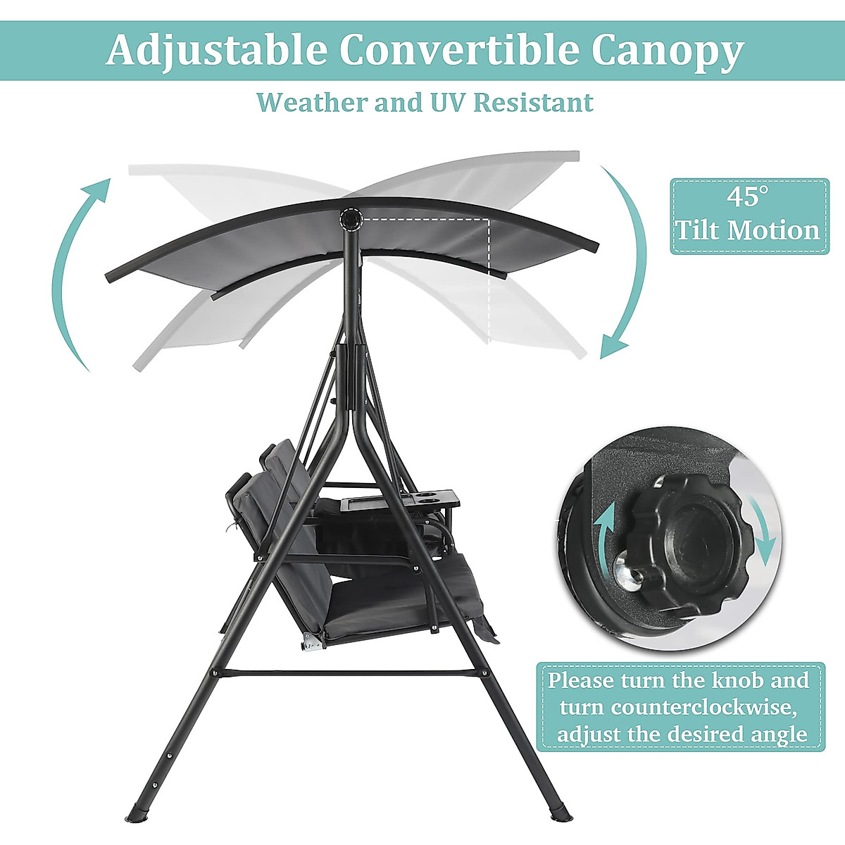 OKL 2 Seat Outdoor Patio Swing Chair, Canopy Swing with Cooler Removable Cushion and Weather Resistant Steel Frame, Hanging Porch Gray