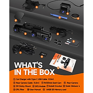 Neideso 360° Dash Cam Front, Rear and Inside, 4 Channel 3K+3*1080P, 5GHz Wi-Fi GPS, Voice Control, 4K+1080P*2 Dash Camera for Cars, CPL Filter, Free 64GB SD Card, Night Vision, 24H Parking Mode(N700)