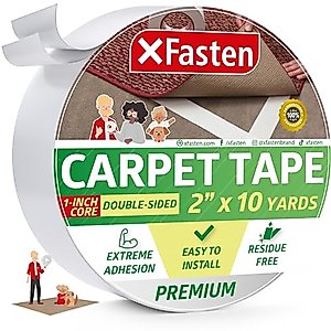 XFasten Double Sided Carpet Tape for Area Rugs 2 Inch x 10 Yards 1” Core Residue-Free Carpet Double Sided Rug Tape for Laminate Floors, Rug Tape Gripper for Carpet, Tape for Hardwood Floors