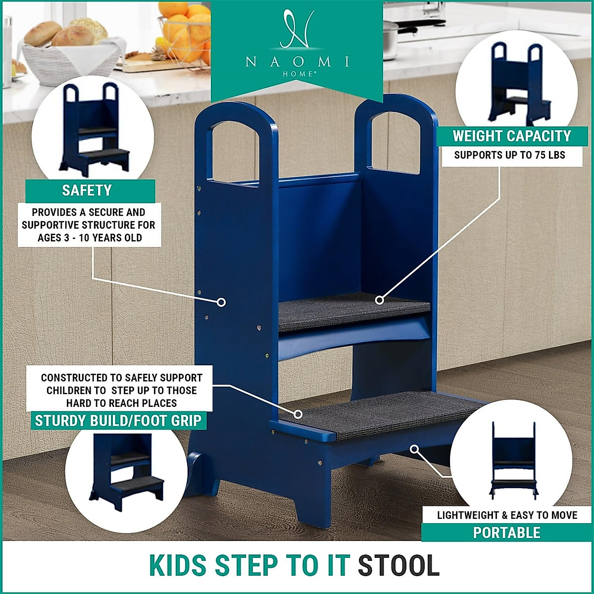 Kids Step to It Stool, Step Stool Chair Kitchen Step Stool for Kids, Wooden Stepping Stool for Kids, Empower Kids in The Kitchen with Step-Up Solutions by Naomi Home – Gray