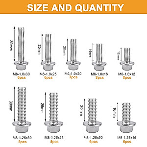 M6 x 12/16/20/25/30mm Flanged Hex Bolts and M8 x 16/20/25/30mm Flange Hexagon Screws, VIGURE 228PCS Stainless Steel 18-8 (304) M6-1.0 M8-1.25 Bolts Nuts Flat Lock Washers