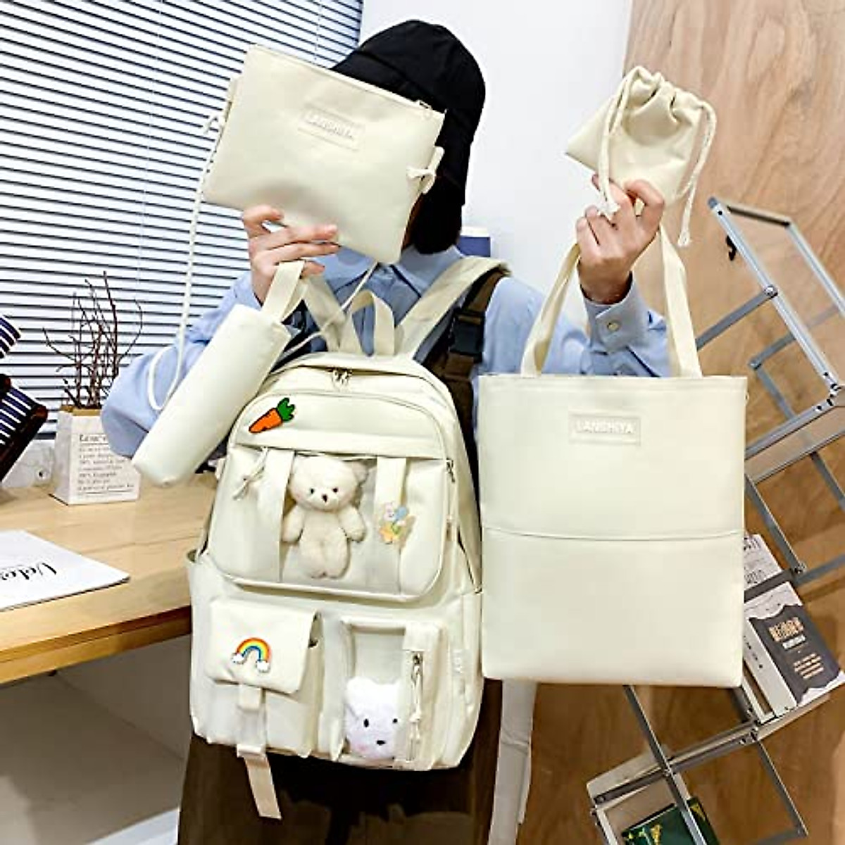 YGYCF Kawaii Backpack 5Pcs Set for Student with Cute Bear Accessories - School Bags for Teen Girls Back to School Supplies Essentials Aesthetic Bookbag, A White