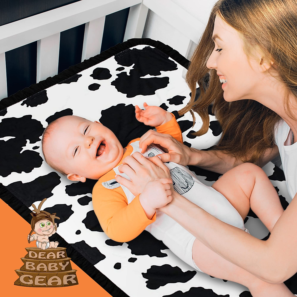 Dear Baby Gear Custom Print Baby Blanket - Double Layer Infant Blanket - Toddler Blankets - Great Size for a Crib, Stroller or Car Seat - Nursery Bedding - Holstein Cow, Black, Ruffles, 43" x 33"