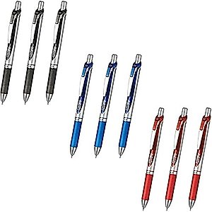 Pentel Energel Deluxe RTX Retractable Liquid Gel Pen,Ultra Micro Point 0.3mm, Fine Line, Needle Tip, Black,Blue,Red Ink Each 1 Pen Total 3 Pens-Value Set of 3 (Value Set of 9)