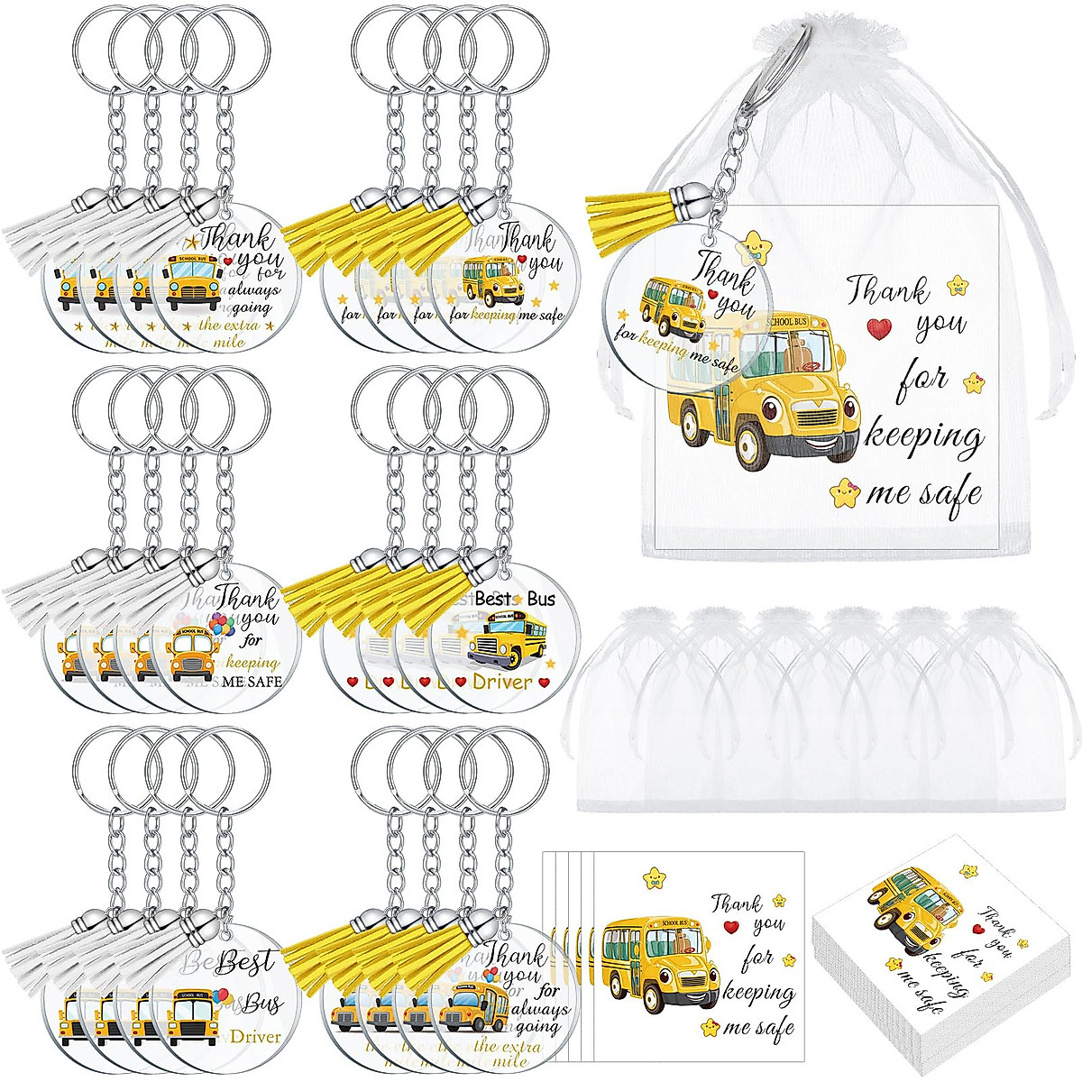 Geetery 24 Set Thanksgiving School Bus Driver Appreciation Gifts Christmas Gifts for Bus Driver Acrylic Keychain Gift with Tassel Keychain with Thank You Card and Organza Bag for Retirement Party