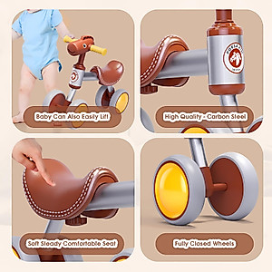 TWFRIC Balance Bike for 1+ Year Old Boys Girls, Toddler Balance Bike 12-36 Month No Pedal 4 Wheels Ride-on Baby Bike Riding Toys for 1 Year Old Birthday Gifts(Brown)