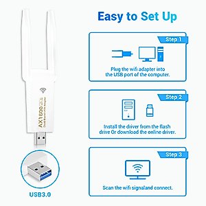 Wireless USB WiFi 6 Adapter for PC - 1800Mbps USB3.0 WiFi Adapter for Desktop PC Laptop with 5Ghz/2.4Ghz Dual Band USB wifi adapter for pc support Windows7/10/11, Wireless Adapter for Desktop Computer