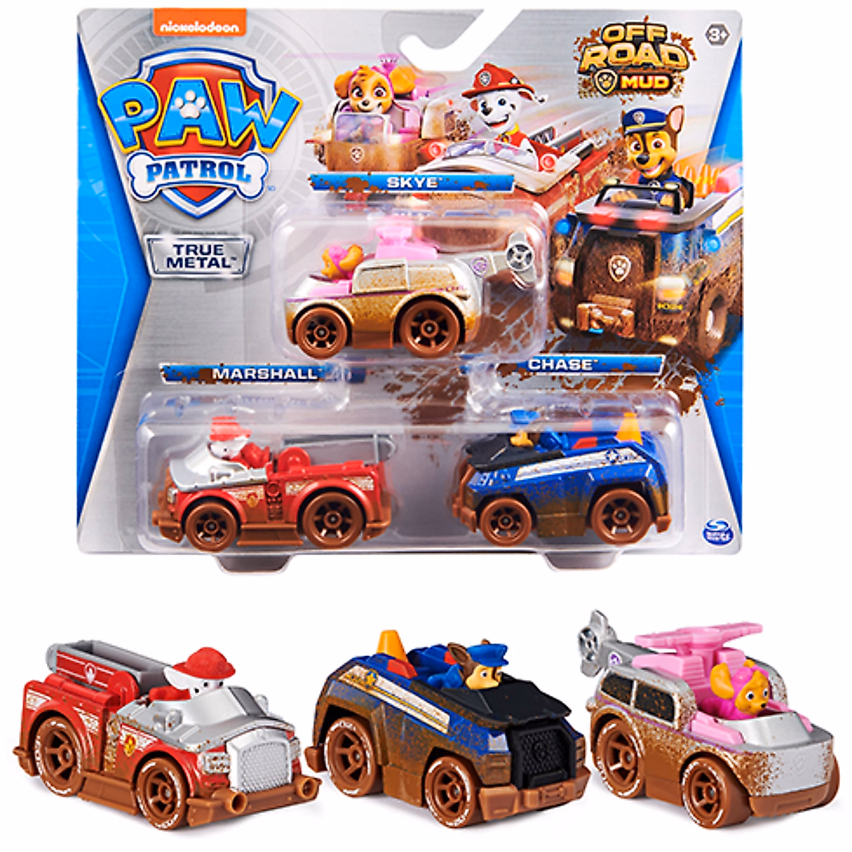 PAW Patrol 6060795 3 Pack True Metal Ride On Mud Cars with Skye, Chase and Marshall 1:55 Scale Kids Toy