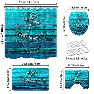 Jefuzh 4 Pcs Anchor Shower Curtain Sets, Nautical Anchor Rustic Wood Shower Curtain for Bathroom Decor, Waterproof Shower Curtain with 12 Hooks, Non-Slip Rug, Toilet Lid Cover and Bath Mat - Blue