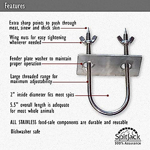 SpitJack Stainless Rotisserie Fork U-Bolt, 5.5 Inches Long Meat Trussing Accessories. 2 Inch Wide Spit Rod Capacity. Rotisserie Parts for Whole BBQ Pig, Hog, Lamb and Turkey. (2 Pack)