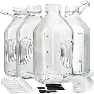 4 Pack 2 Qt Glass Milk Bottles with Airtight Reusable SCREW LID - 64 Oz Glass Juice Bottles, 1/2 Gal Glass Water Bottles, Glass Milk Jug Pitcher with 2 Exact Scale Line, Extra Free 4 Lid and 8 Handle!