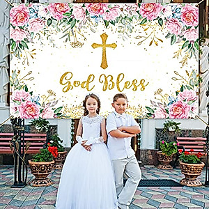 God Bless Backdrop Baptism First Holy Communion Banner Mi Bautizo Baby Shower Party Decorations Christening Ceremony Newborn Banner Flowers Leaves Floral Photography Background Decor Supplies