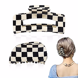 Checkered Hair Claw Clips, Vintage Classic Black White Lattice Print Barrettes, Strong Hold Clamp Hair Clips, Tortoise Y2K Aesthetic Hair Accessories for Women Girls Thick Thin Hair(2Pack)