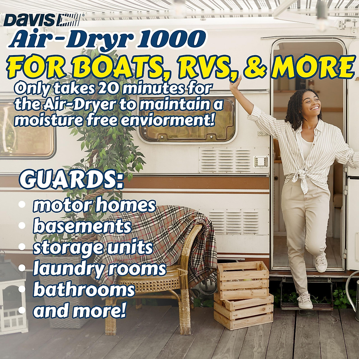 Davis Instruments Air-Dryr 1000 Dehumidifier Bundle (2 Pack) Quiet Boat Dehumidifier for Moisture Problems and Wet Air Solution - Portable Space Heater for RV or Campers - Compact Electric Boat Heater
