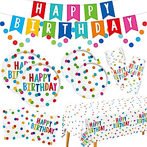 Happy Birthday Decorations: Happy Birthday Party Supplies Set with Birthday Dots Design- Includes Disposable Paper Birthday Plates and Napkins, Cups, Tablecloth, and Banner for Boys/Girls, Serves 25.