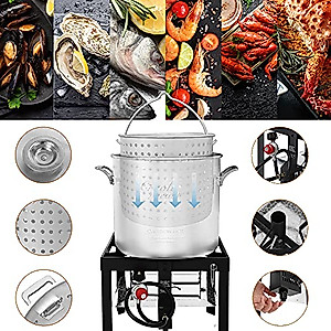 Creole Feast SBK1001 Seafood Boiling Kit with Strainer, Outdoor Aluminum Propane Gas Boiler with 10 PSI Regulator, Silver