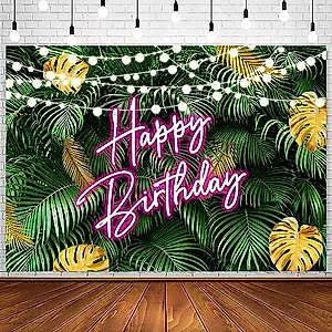 Sensfun Hawaiian Tropical Palm Leaves Happy Birthday Backdrop Aloha Luau Pink Neon Birthday Jungle Green Leaves Photo Background Adults 30th 40th 50th Birthday Decorations Banner Photo Props 7x5ft