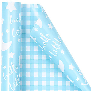 RUSPEPA Reversible Wrapping Paper Roll - Mini Roll - Baby Boy Blue Pattern Great for Baby Shower, Birthday, Party - 17.5 Inches X 32.8 Feet