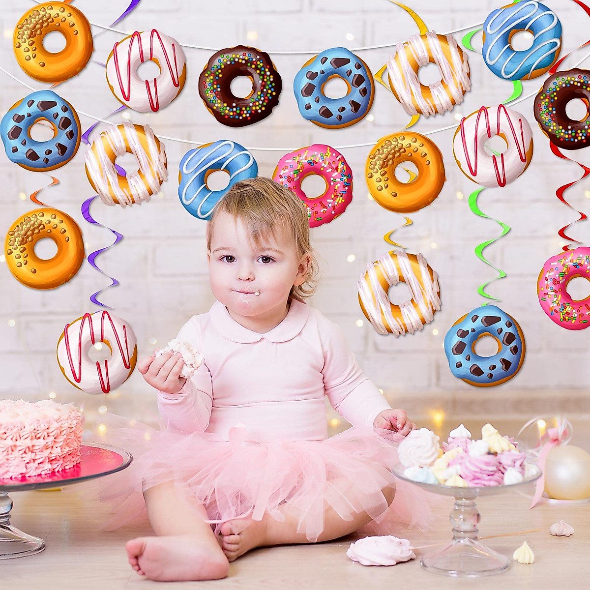 34 Pcs Donut Party Decorations Include 2 Pcs Donut Garland Banner and 32 Pcs Donut Hanging Swirl Party Supplies for Birthday Baby Shower Grow Up Party Favors