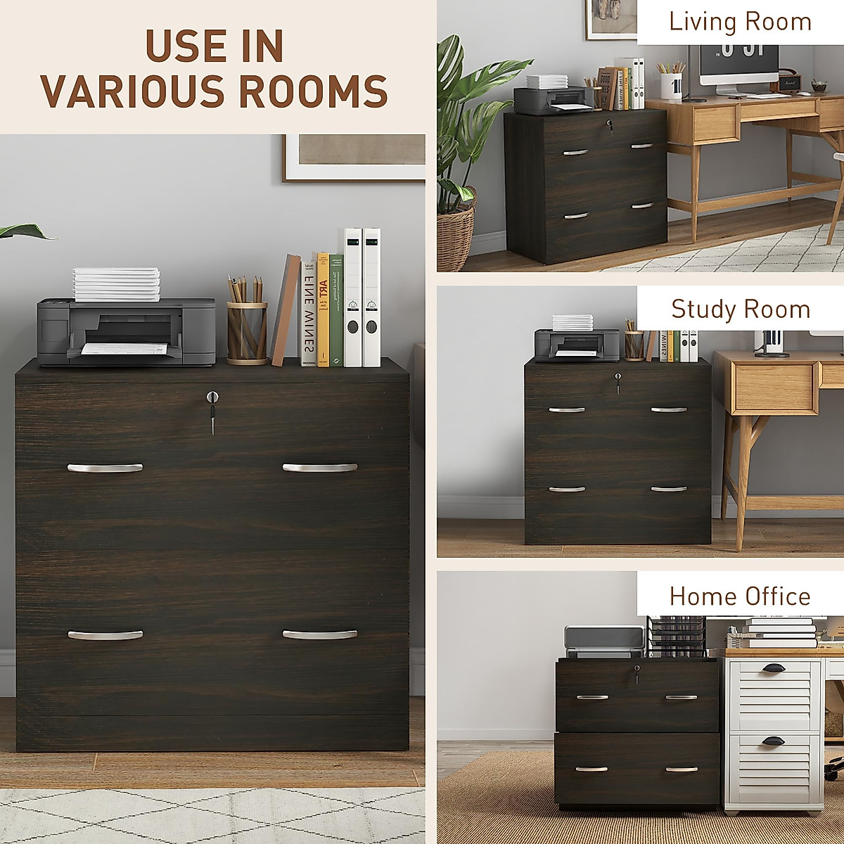 Vinsetto 2-Drawer File Cabinet with Lock and Keys, Vertical Storage Filing Cabinet with Hanging Bar for Letter Size, Home Office, Walnut