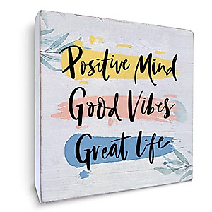 Rustic Positive Mind Good Vibes Great Life Wooden Box Sign Table Decor Plaque Inspirational Quote Wood Box Sign Art Home Office Shelf Desk Decoration 5 x 5 Inches