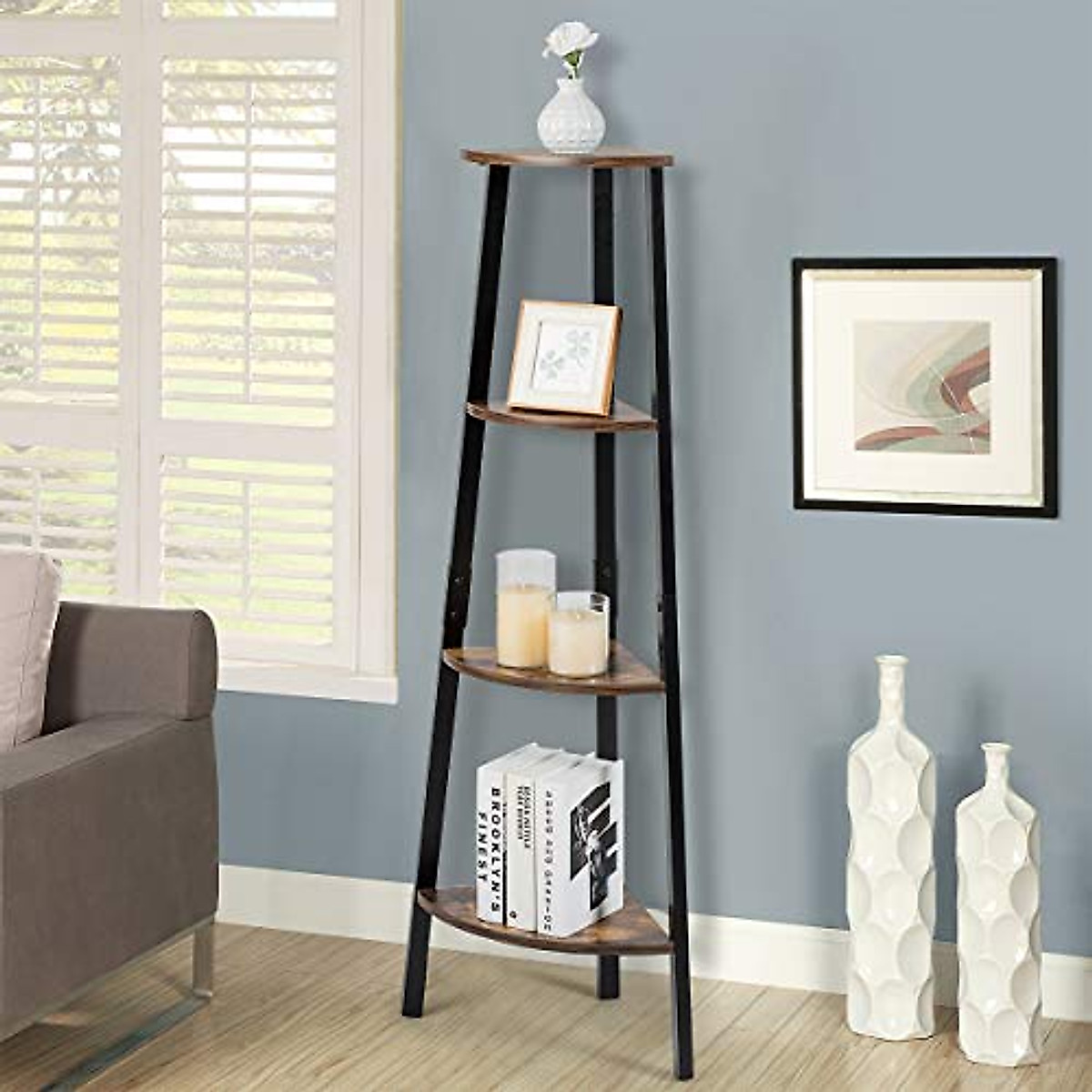 Tangkula Industrial Corner Shelf, 4-Tier Ladder Bookshelf, Metal Frame Storage Rack, Bookcase, Plant Stand, Multipurpose Accent Furniture for Home Office, Display Corner Shelf (Rustic Brown)