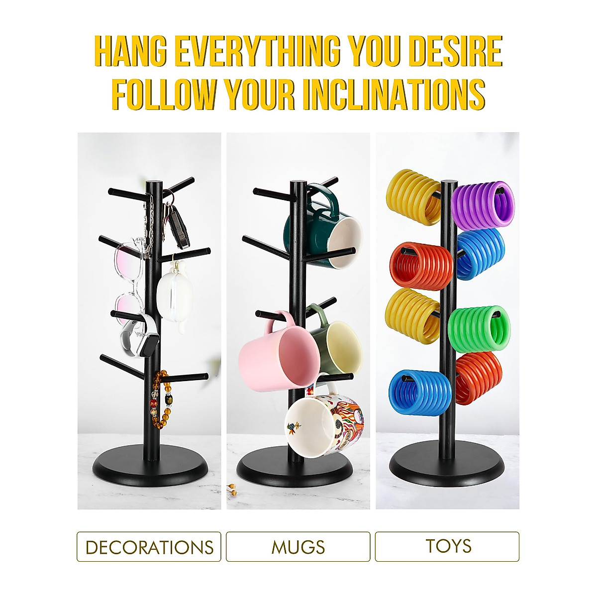 Lorbro Coffee Mug Tree with 8 Hooks, Mug Tree Stand, Bamboo Coffee Cup Holder, Countertop Mug Tree, Mug Stand Kitchen Organizer, Cafe Accessories Decor & Kitchen Organizer Storage Stand (Black)